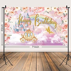 Princess Birthday Party Decorations Supplies Princess Theme Backdrop Background Banner for Girl Birthday Party Favor Gold and Pink Royal Castle Carriage Crown Floral Photography Booth Cake Table Decor