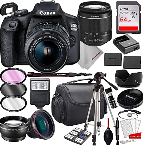 2000D (Rebel T7) DSLR Camera with 18-55mm f/3.5-5.6 III Zoom Lens Bundle + 64GB Memory, Case, Tripod, Extra Battery and More