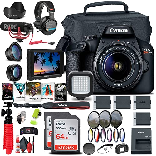 Canon EOS Rebel T100 / 4000D DSLR Camera with 18-55mm Lens, 4K Monitor, Mic, Headphones, 2 x 64GB Card, Filter Kit, Case, Photo Software, 3 x LPE10 Battery + More (Renewed)