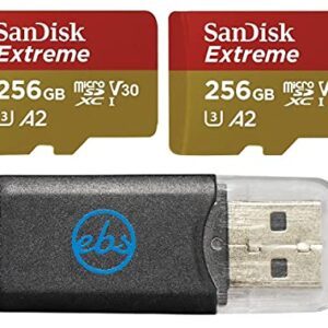 SanDisk Extreme (UHS-1 U3 / V30) A2 256GB MicroSD (2 Pack) Memory Card for GoPro Hero 9 Black Action Cam Hero9 SDXC (SDSQXA1-256G-GN6MN) Bundle with (1) Everything But Stromboli Micro SD Card Reader