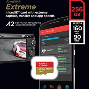 SanDisk Extreme (UHS-1 U3 / V30) A2 256GB MicroSD (2 Pack) Memory Card for GoPro Hero 9 Black Action Cam Hero9 SDXC (SDSQXA1-256G-GN6MN) Bundle with (1) Everything But Stromboli Micro SD Card Reader