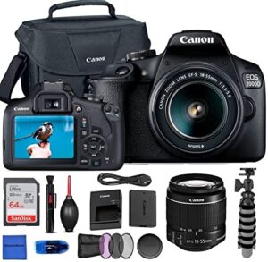 camera eos 2000d (rebel t7) dslr camera w/ef-s 18-55mm f/3.5-5.6 zoom lens + case + sandisk 64gb memory card + 3pc filter kit + card reader + tripod + cleaning kit (international model)