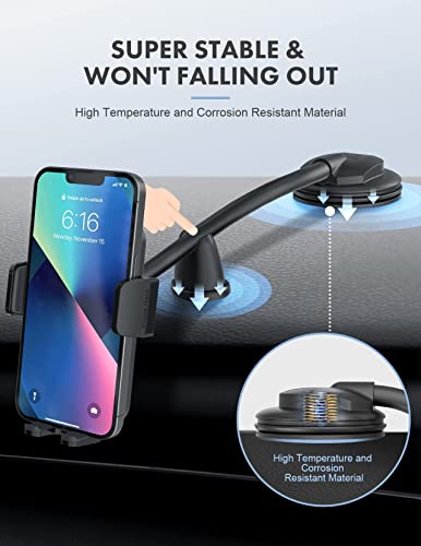 MOKPR Cell Phone Mount for Car, Car Phone Holder with Long Arm Dashboard Anti-Shake Stabilizer Phone Holder Compatible with iPhone, Android Phone etc