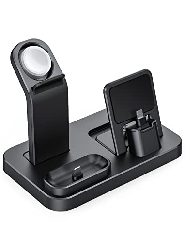 RJR Updated 3 in 1 Charging Station for Apple Devices, Self Adjusting Charging Dock for iWatch 8 7 6 SE 5 4 3 2 1, Built-in Charger Stand for iPhone Series AirPods Gifts (with 15W Adapter) Black