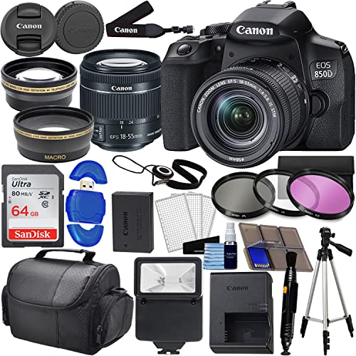 Canon EOS 850D (Rebel T8i) DSLR Camera w/with 18-55mm Lens Bundle with Wide Angle Lens, Telephoto Lens, SanDisk 64GB Memory Card, 3pc Filter Kit + Pro Kit (Renewed)