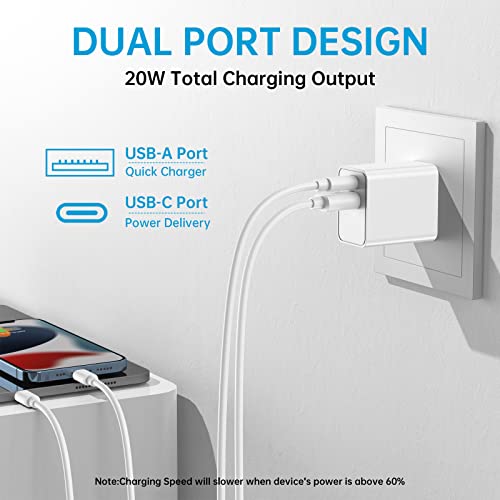 USB C Wall Charger Block 20W, Dual Port USB-C Wall Plug-in USB Charger 20W PD & QC3.0 USB A Fast Charging Block for iPhone 14/13/12/11 /Pro Max, iPad Pro, AirPods Pro, Samsung Android Phones and More