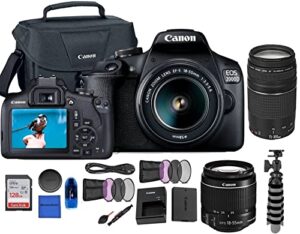 camera eos 2000d (rebel t7) dslr camera w/ef-s 18-55mm f/3.5-5.6 lens + ef 75-300mm f/4-5.6 iii lens + deluxe case + sandisk 128gb memory card + 3pc filter kit + tripod + card reader + cleaning kit