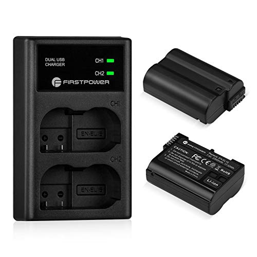 FirstPower EN-EL15 /EL15a/EL15b/EL15c Batteries 2-Pack and USB Dual Charger Compatible with Nikon Z6 Z7 D750 D850 D7000 D7100 D7200 D7500 D500 D600 D610 D780 D800 D800e D810 D810a Cameras