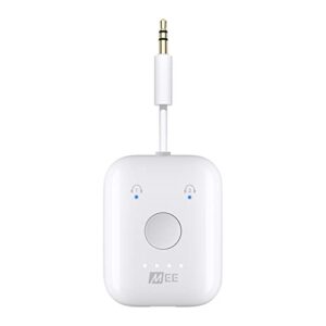 mee audio connect air in-flight bluetooth wireless audio transmitter adapter for up to 2 airpods / other headphones; works with all 3.5mm aux jacks on airplanes, gym equipment, tvs, & gaming consoles