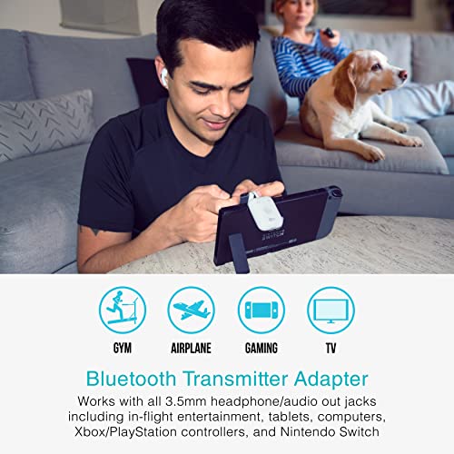 MEE audio Connect Air in-Flight Bluetooth Wireless Audio Transmitter Adapter for up to 2 AirPods / Other Headphones; Works with All 3.5mm Aux Jacks on Airplanes, Gym Equipment, TVs, & Gaming Consoles