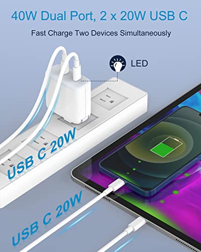 Dual USB C Charger Block for iPhone 14, 14 Pro Max, 13, 13 Pro, 12, 12 Pro, 11, 11 Pro, iPad Pro, iPad Air, Samsung Galaxy, Google Pixel, Magsafe, iWatch, AirPod, 40W / 2 x 20W USB C Wall Charger