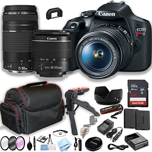 Canon EOS Rebel T7 DSLR Camera w/EF-S 18-55mm F/3.5-5.6 is II Zoom Lens + 75-300mm F/4-5.6 III Lens + 64GB Memory + Case+ Steady Grip Pod + Filters + Remote + 2X Batteries + More (30pc Bundle)