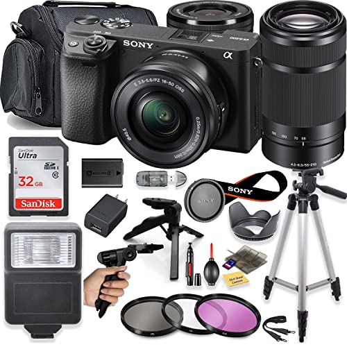 Sony a6400 Mirrorless Camera (Black) with 16-50mm OSS E 55-210mm Lens + Deluxe Bundle Including Sandisk 32GB Card, Case, Flash, Grip Tripod, 50" Tripod, and More