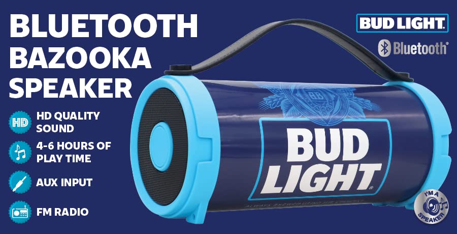 Bud Light Bluetooth Speaker Bazooka Speaker Portable Wireless Speaker with Rechargeable Battery Ideal for Indoor and Outdoor Activities Loud and Bass Audio Sound Easy to Carry Anywhere with FM- Radio