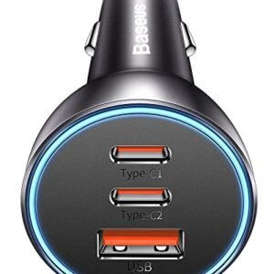 65W USB C Car Charger, Baseus QC3.0 PD3.0 Type C Car Charger, 3 Ports Independent Fast Charging Car Charger Phone Adapter for iPhone 14 13 12 Pro Max XS X, Samsung, iPad Pro/Air, AirPods (Dark Gray)