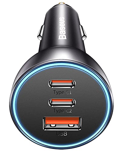 65W USB C Car Charger, Baseus QC3.0 PD3.0 Type C Car Charger, 3 Ports Independent Fast Charging Car Charger Phone Adapter for iPhone 14 13 12 Pro Max XS X, Samsung, iPad Pro/Air, AirPods (Dark Gray)