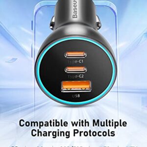 65W USB C Car Charger, Baseus QC3.0 PD3.0 Type C Car Charger, 3 Ports Independent Fast Charging Car Charger Phone Adapter for iPhone 14 13 12 Pro Max XS X, Samsung, iPad Pro/Air, AirPods (Dark Gray)