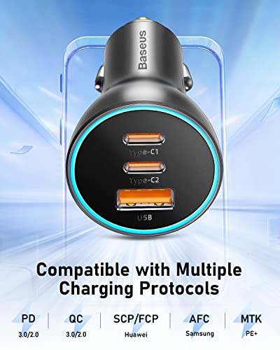 65W USB C Car Charger, Baseus QC3.0 PD3.0 Type C Car Charger, 3 Ports Independent Fast Charging Car Charger Phone Adapter for iPhone 14 13 12 Pro Max XS X, Samsung, iPad Pro/Air, AirPods (Dark Gray)