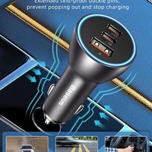 65W USB C Car Charger, Baseus QC3.0 PD3.0 Type C Car Charger, 3 Ports Independent Fast Charging Car Charger Phone Adapter for iPhone 14 13 12 Pro Max XS X, Samsung, iPad Pro/Air, AirPods (Dark Gray)