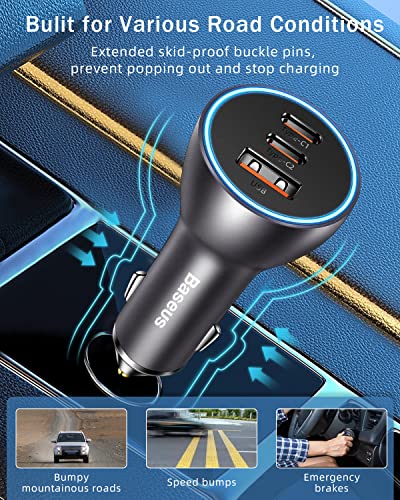 65W USB C Car Charger, Baseus QC3.0 PD3.0 Type C Car Charger, 3 Ports Independent Fast Charging Car Charger Phone Adapter for iPhone 14 13 12 Pro Max XS X, Samsung, iPad Pro/Air, AirPods (Dark Gray)