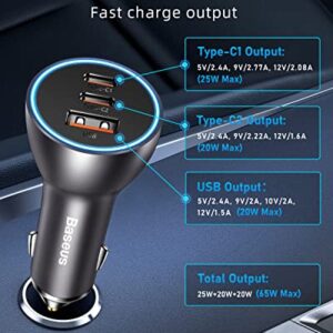 65W USB C Car Charger, Baseus QC3.0 PD3.0 Type C Car Charger, 3 Ports Independent Fast Charging Car Charger Phone Adapter for iPhone 14 13 12 Pro Max XS X, Samsung, iPad Pro/Air, AirPods (Dark Gray)