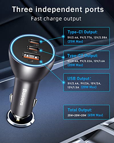 65W USB C Car Charger, Baseus QC3.0 PD3.0 Type C Car Charger, 3 Ports Independent Fast Charging Car Charger Phone Adapter for iPhone 14 13 12 Pro Max XS X, Samsung, iPad Pro/Air, AirPods (Dark Gray)