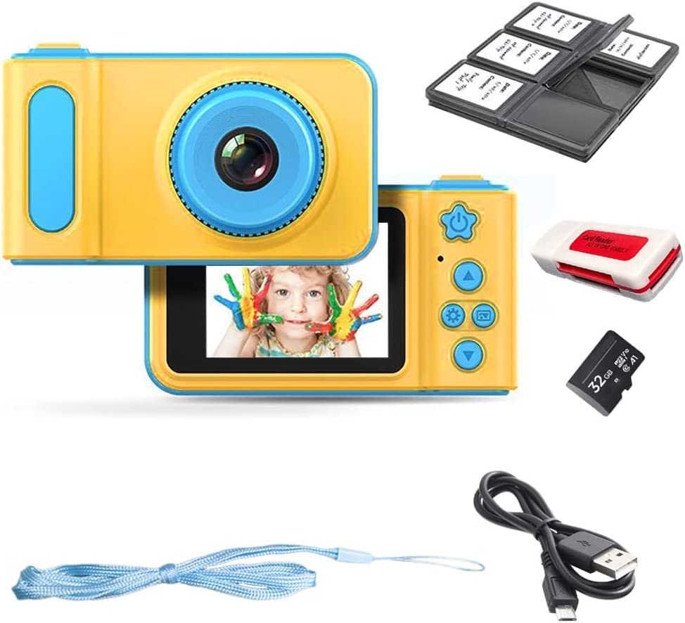 eDealz Full 1080P Kids Selfie HD Compact Digital Photo and Video Rechargeable Camera with 2" LCD Screen, Video Games and Micro USB Charging (Blue, SD Card + Reader + Card Holder)