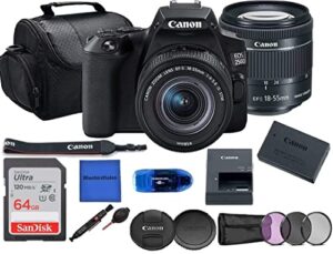 camera eos 250d (rebel sl3) dslr camera w/ef-s 18-55mm f/3.5-5.6 zoom lens + case + sandisk 64gb memory card + 3pc filter kit + card reader + cleaning kit (international model)