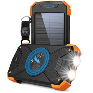 blavor solar power bank, qi portable charger 10,000mah external battery pack type c input output dual super bright flashlight, compass carabiner, solar panel charging (orange)