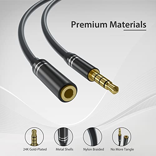 3.5mm Headphone Extension Cable (6Ft/1.8M), 4 Pole Hi-Fi Sound Audio Cable Male to Female AUX Cord, Auxiliary Stereo Extender for Speakers, PC, MP3 and All 3.5 mm Enabled Devices (1 Pack - Black)