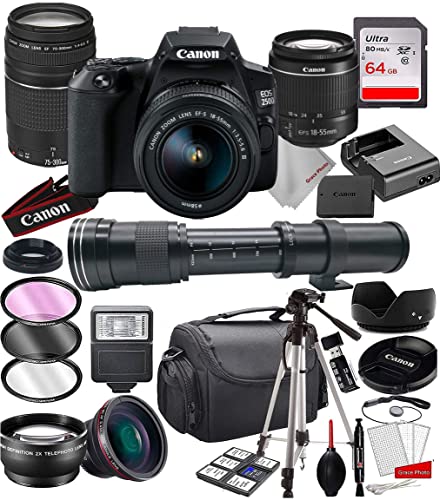 Grace Photo-Canon intl Canon EOS 250D (Rebel SL3) DSLR Camera with 18-55mm f/3.5-5.6 III Zoom Lens & 75-300mm Bundle + 420-800mm Telephoto 64GB Memory, Case, Tripod, Filters and More Black