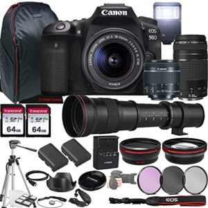 canon eos rebel 90d dslr camera w/ef-s 18-55mm f/4-5.6 is stm lens + ef 75-300mm f/4-5.6 iii lens + 420-800mm f/8.3 hd lens + 2x 64gb memory + case + filters + tripod + more (35pc bundle)