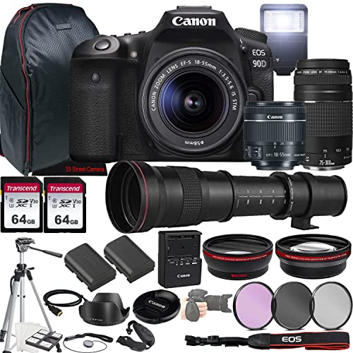 Canon EOS Rebel 90D DSLR Camera w/EF-S 18-55mm F/4-5.6 is STM Lens + EF 75-300mm f/4-5.6 III Lens + 420-800mm f/8.3 HD Lens + 2X 64GB Memory + Case + Filters + Tripod + More (35pc Bundle)