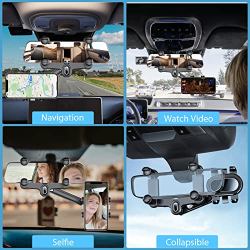 Rearview Mirror Phone Holder for Car,2023 Rotatable and Retractable Car Phone Holder Mount Multifunctional 360° Car Rear View Mirror Phone Holder Pro Clip Car Mirror Phone Mount for Mobile Phone Black