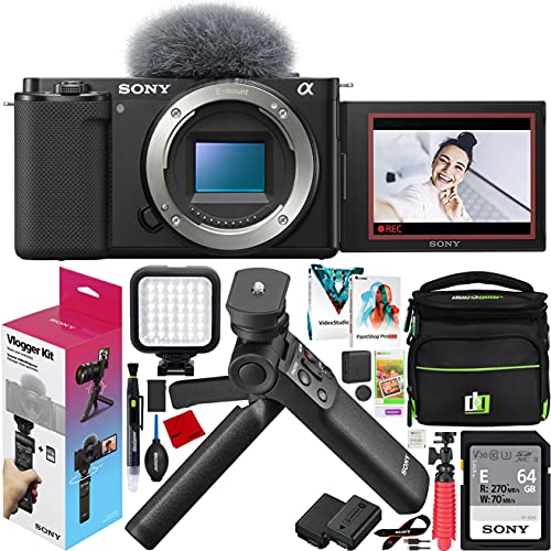 Sony ZV-E10 Mirrorless Alpha Interchangeable Lens Camera Body Vlogger Kit ILCZV-E10/B Black Bundle with ACCVC1 Including GP-VPT2BT Grip + Deco Gear Photography Case + Extra Battery & Accessories Kit