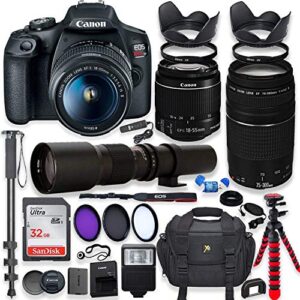 canon eos rebel t7 dslr camera with 18-55mm is ii lens bundle + canon ef 75-300mm f/4-5.6 iii lens and 500mm preset lens + 32gb memory + filters + monopod + professional bundle