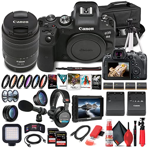 Canon EOS R6 Mirrorless Digital Camera with 24-105mm f/4-7.1 Lens (4082C022), 4K Monitor, Pro Headphones, Pro Mic, 2 x 64GB Memory Card, Case, Corel Photo Software, Pro Tripod + More (Renewed)