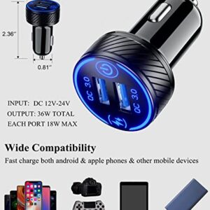 Car Charger, BRCOVAN Dual QC3.0 Port USB Car Charger Adapter, 36W 3A Fast Charge Car Phone Charger with Touch Switch & Blue LED