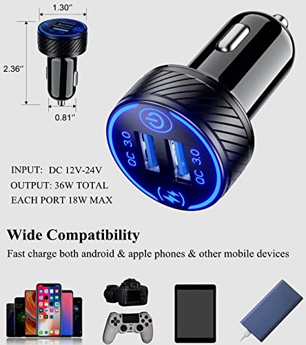 Car Charger, BRCOVAN Dual QC3.0 Port USB Car Charger Adapter, 36W 3A Fast Charge Car Phone Charger with Touch Switch & Blue LED