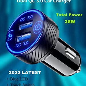 Car Charger, BRCOVAN Dual QC3.0 Port USB Car Charger Adapter, 36W 3A Fast Charge Car Phone Charger with Touch Switch & Blue LED