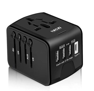 travel adapter, haozi universal travel adapter – 3 usb + 1 type c in one travel charger with uk/us/aus/eu plugs and socket, international power adapter wall charger (black)