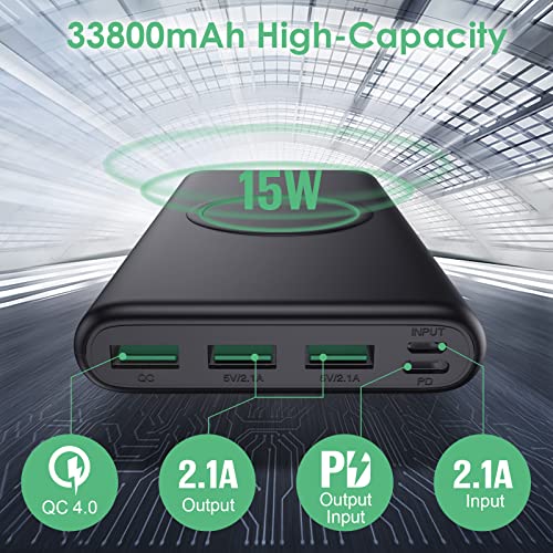 H H·E·T·P Wireless Portable Charger Power Bank, 33800mAh 15W Fast Wireless Charging 25W PD QC 4.0 USB-C Power Bank, 5 Output & Dual Input External Battery Pack Compatible with iPhone, Android etc