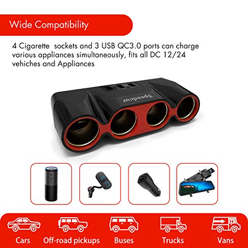 USB Car Charger Splitter Adapter, 120W 12V/24V 4-Socket Cigarette Lighter Adapter with 3pcs USB QC3.0 Car Charger Socket Quick Charge for GPS, Dash Cam, Sat Nav, Phone, iPad