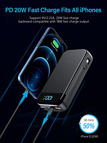 BLJIB Portable Charger 32000mAh, 22.5W QC 3.0 PD 20W Smart LED Display Fast Charging Built in Cables Power Bank, External Battery Pack Charge 5 Devices Compatible with Cellphones (Black)