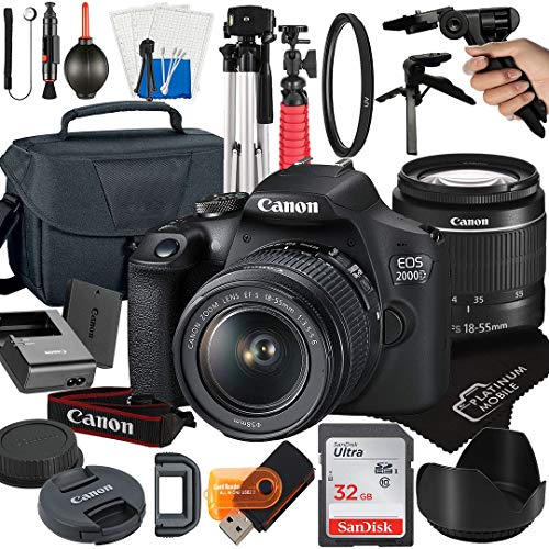 Canon EOS 2000D / Rebel T7 DSLR Camera with 18-55mm Zoom Lens + Platinum Mobile Accessory Bundle Package Includes: SanDisk 32GB Card, Case and More (21pc Bundle) (18-55MM Lens, 32GB Card) (Renewed)