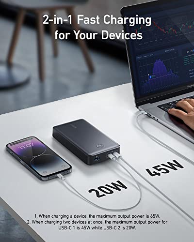 Anker Portable Charger, 24,000mAh 65W Power Bank, 537 Power Bank (PowerCore 24K for Laptop), for MacBook Pro, Dell XPS, Microsoft Surface, iPad Pro, iPhone 14 Pro, Apple Watch Series 5, and More