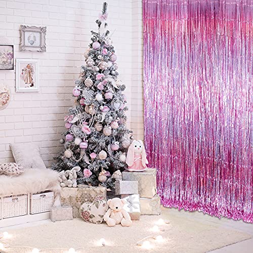 4 Pieces Foil Fringe Curtains Party Decorations Metallic Tinsel Curtain Glitter Foil Valentines Day Party Streamer 3.2 x 8.2 Feet Foil Photo Booth Backdrop for Birthday Baby Shower Holiday (Pink)