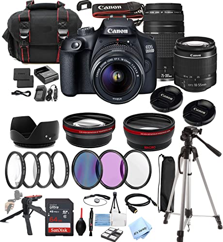 2000d (Rebel T7) DSLR Camera w/18-55mm + 75-300mm Zoom Lenses + Al’s Variety Accessories Includes: 64GB Memory + Wide & Telephoto Threaded Lenses + Case + Tripod +Grip + More (39pc Bundle)