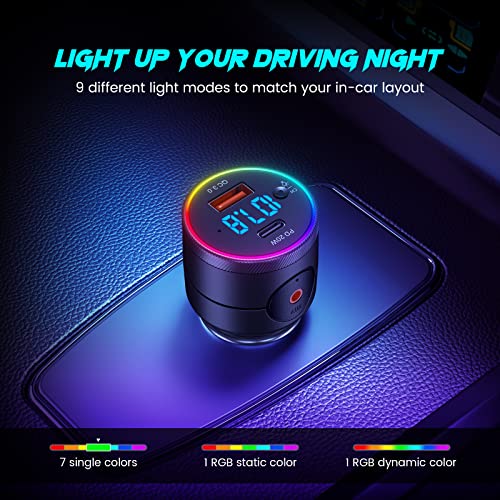 Achifine Bluetooth Car Adapter - FM Bluetooth Transmitter Car/ Music Player /Car Kit for PD 20W & QC3.0 Quick Charge, Hands-Free Calls, Hi-Fi Music, Siri Google Assistant, RGB Backlit, Aux Out