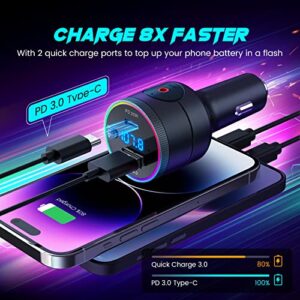 Achifine Bluetooth Car Adapter - FM Bluetooth Transmitter Car/ Music Player /Car Kit for PD 20W & QC3.0 Quick Charge, Hands-Free Calls, Hi-Fi Music, Siri Google Assistant, RGB Backlit, Aux Out